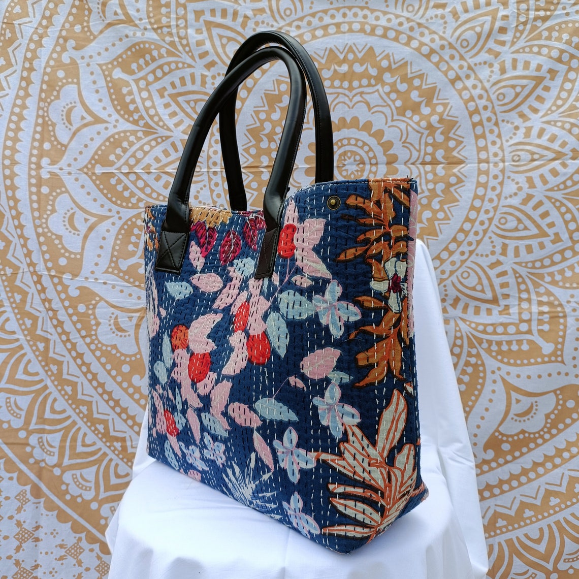Kantha Tote Bag, Shopper Gray Bag, Reusable Handbag, Embroidered Bag ...