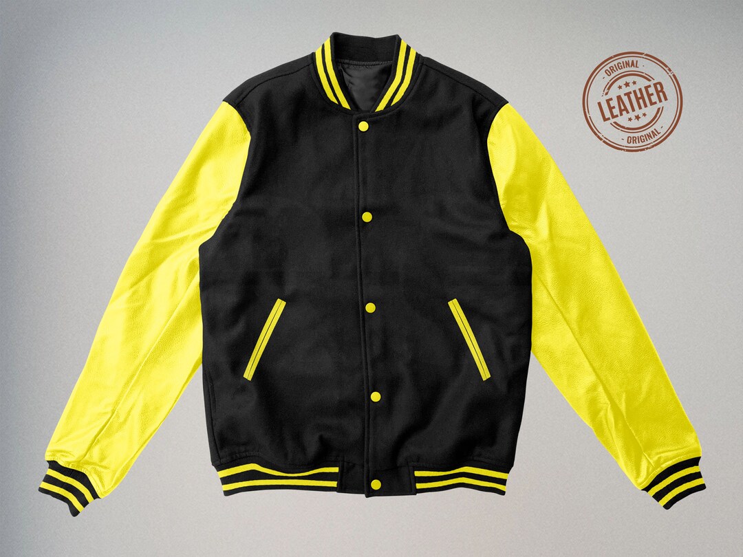 Bomber Varsity Jacket Black and Neon Yellow Letterman Jacket - Etsy