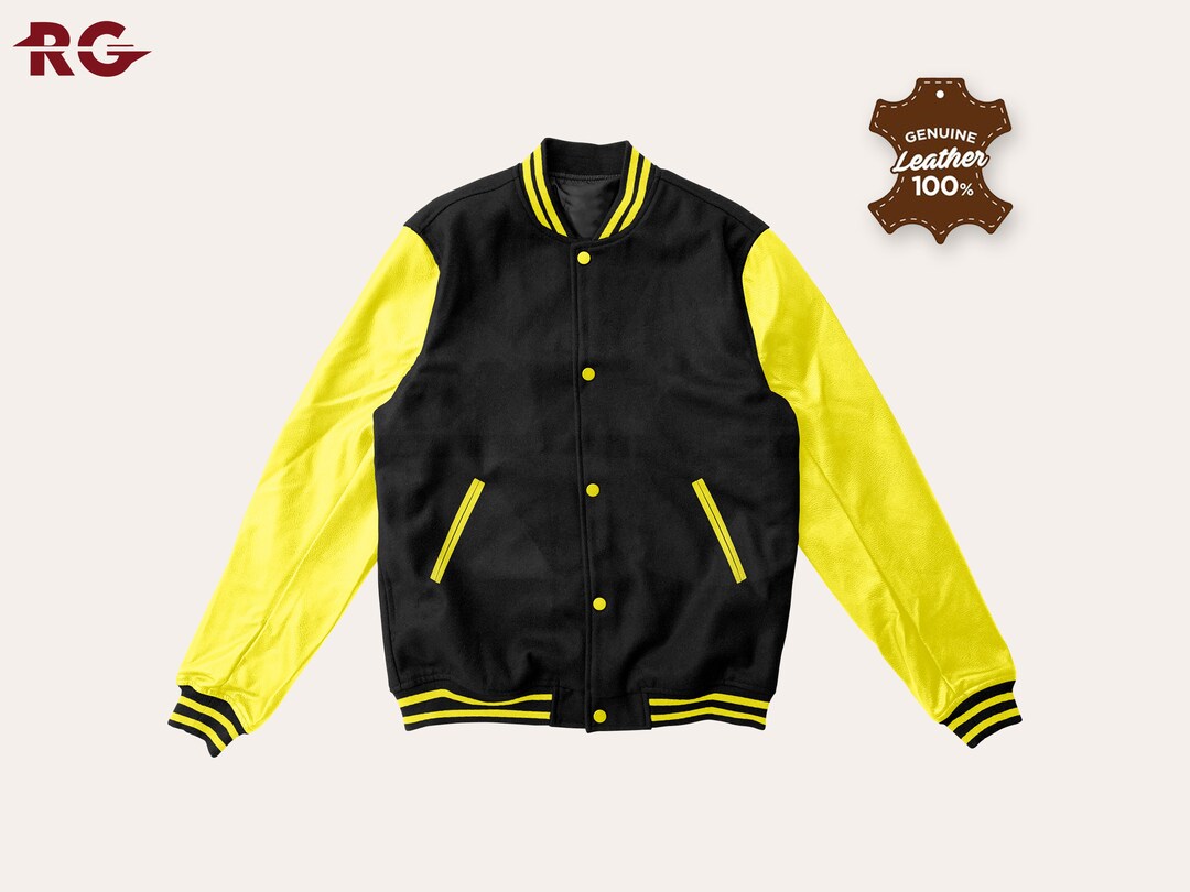 Bomber Varsity Jacket Black and Neon Yellow Letterman Jacket College ...