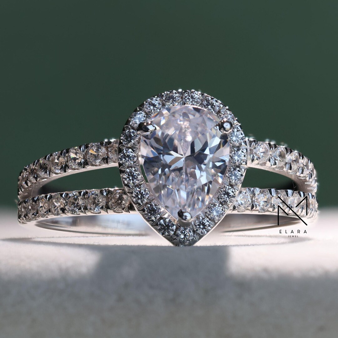 Double Banded Wedding Moissanite Ring, Engagement Halo Bridal Ring, 2. ...