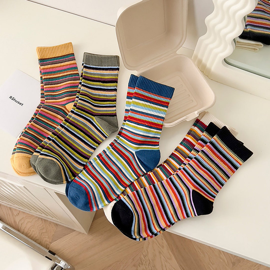 Stripe Cotton Socks,colorful Stripe Socks,casual Sock,adult Crew Sock ...