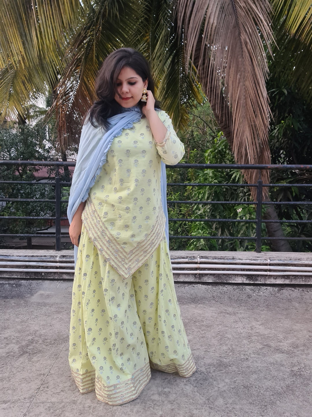 A Lime Yellow V Shape Kurta With Kali Sharara and Enhanced - Etsy