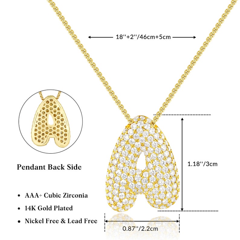 Bubble Letter Necklace, 14K Gold Plated Balloon Initial Pendant Box ...