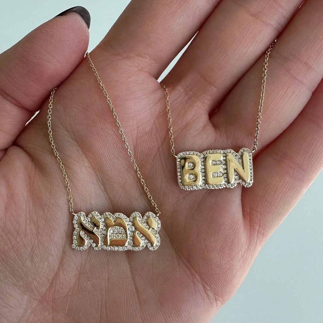 Custom Bubble Name Necklace, Diamond Name Necklace, Pave Outline Name ...