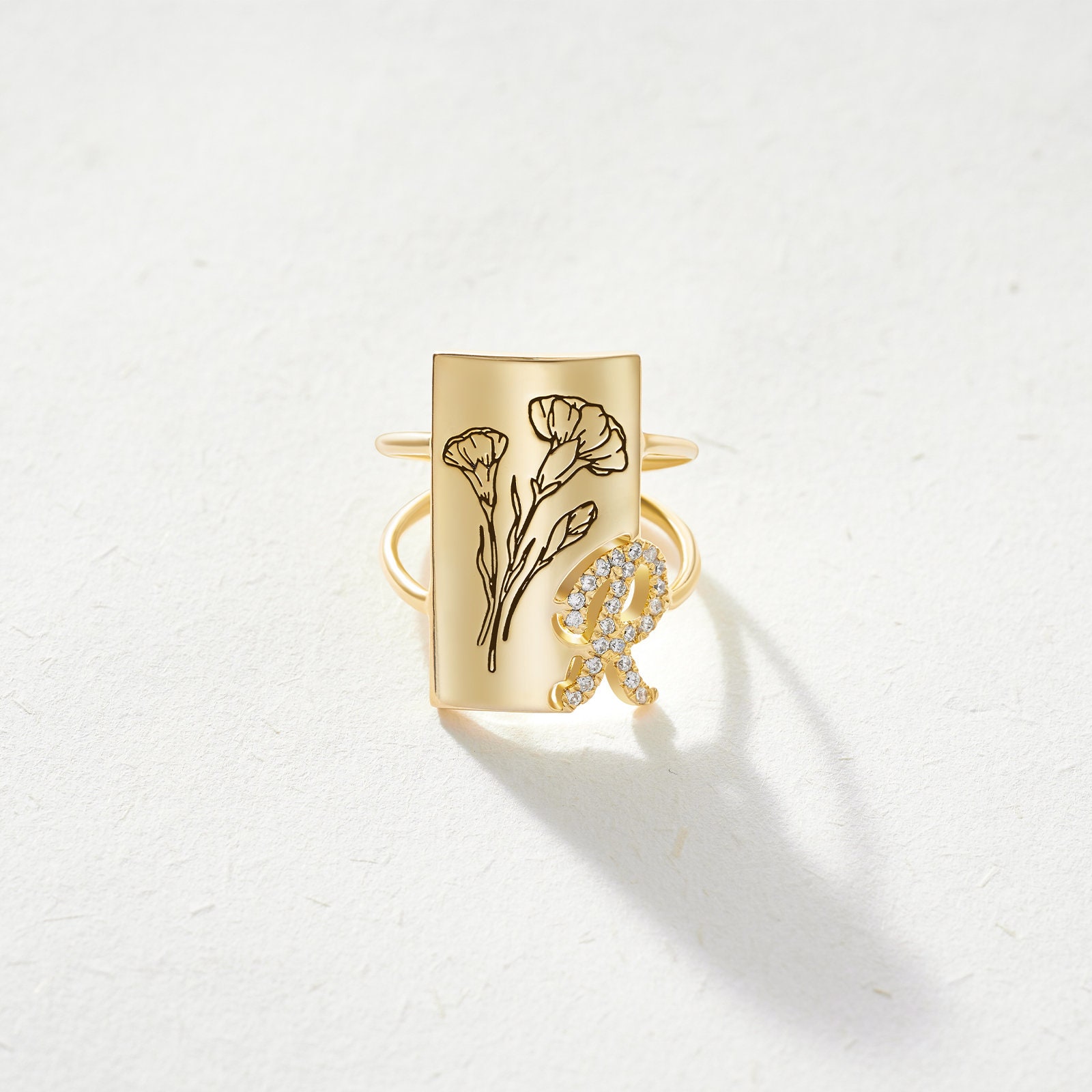 Handmade Custom Shining Birth Flower Letter Ring, Birth Flower Ring ...