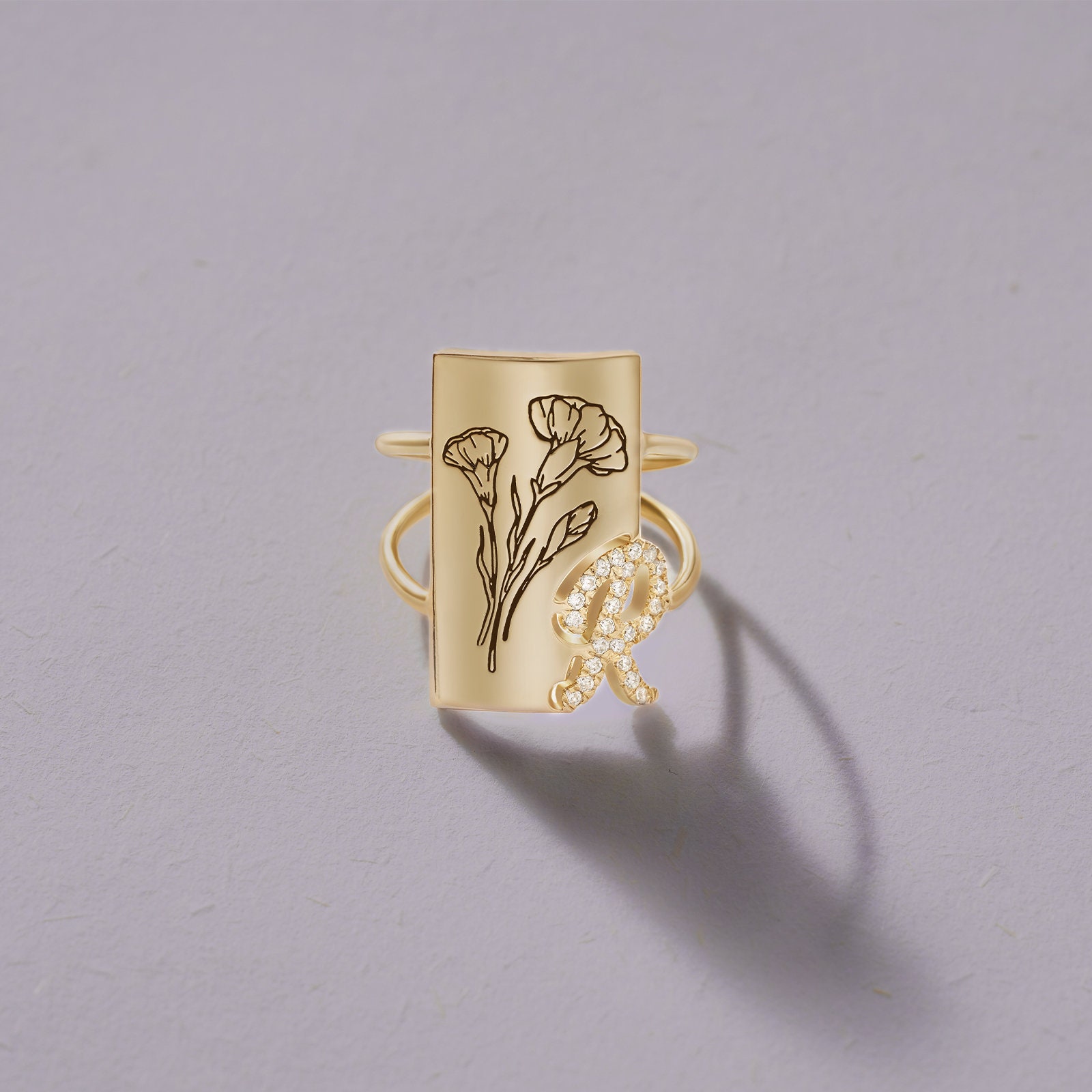 Handmade Custom Shining Birth Flower Letter Ring, Birth Flower Ring ...