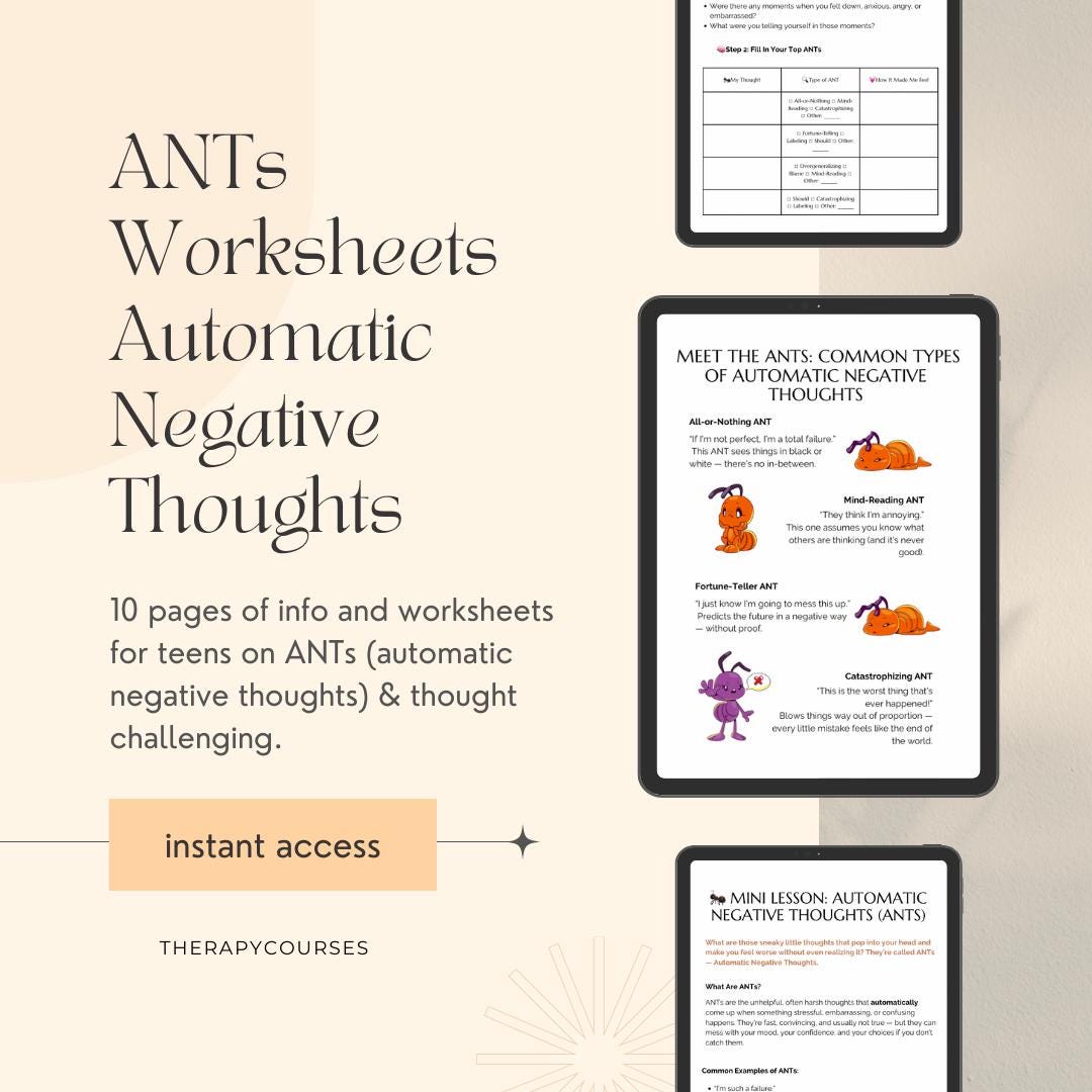 Ants Automatic Negative Thoughts Worksheets - CBT Activities, Teen ...