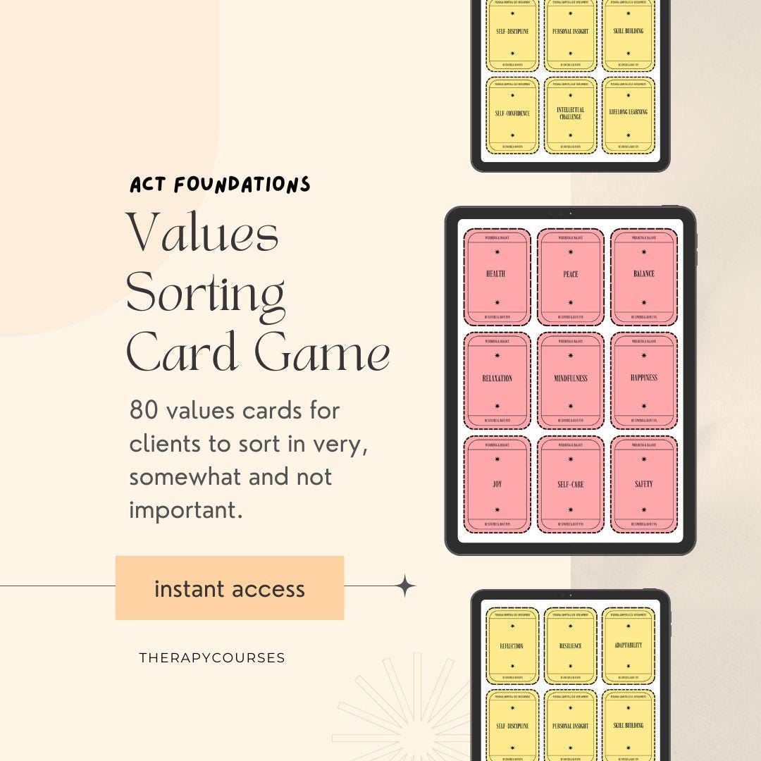 Values Sorting Card Game: ACT Therapy Game, Counselling Resources ...