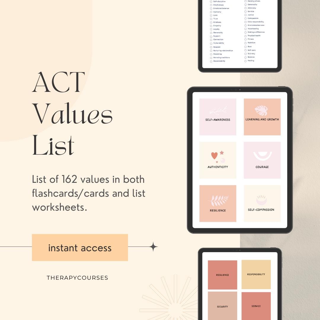 ACT Values List Worksheets Cards - 162 ACT Values, Core Values ...
