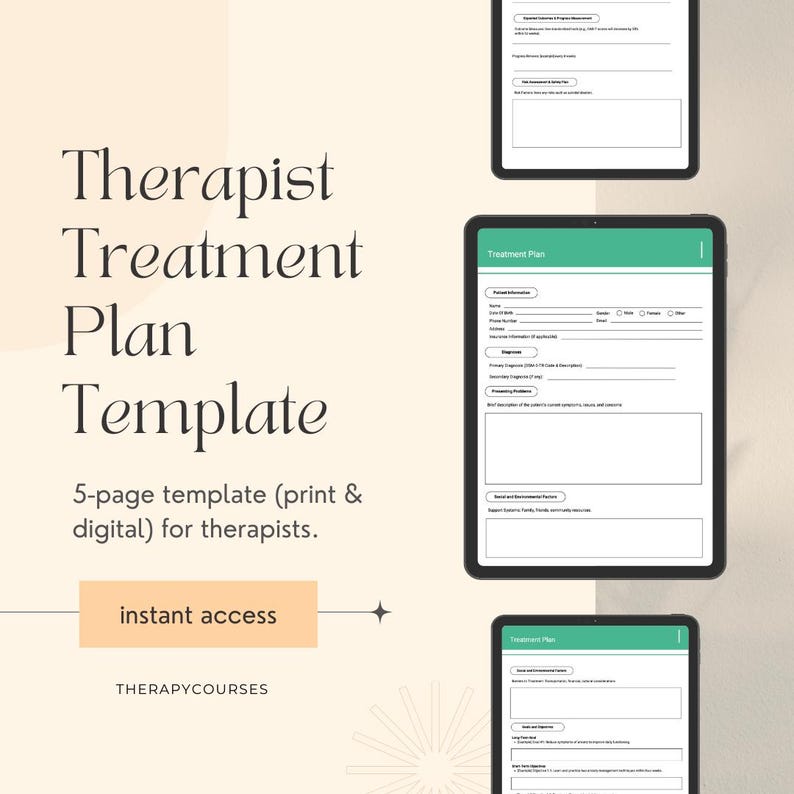 Therapist Treatment Plan Template: Editable Goal & Objective PDF ...