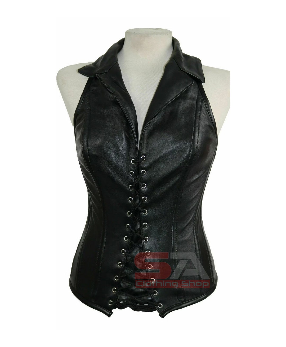 Full Bust Corset Black Leather Lace-up Corset With Straps Gothic ...