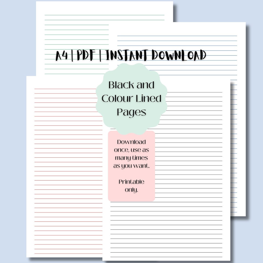 Printable A4 Lined Pages, PDF A4 Colour Lined, A4 Pages, Black Lined ...