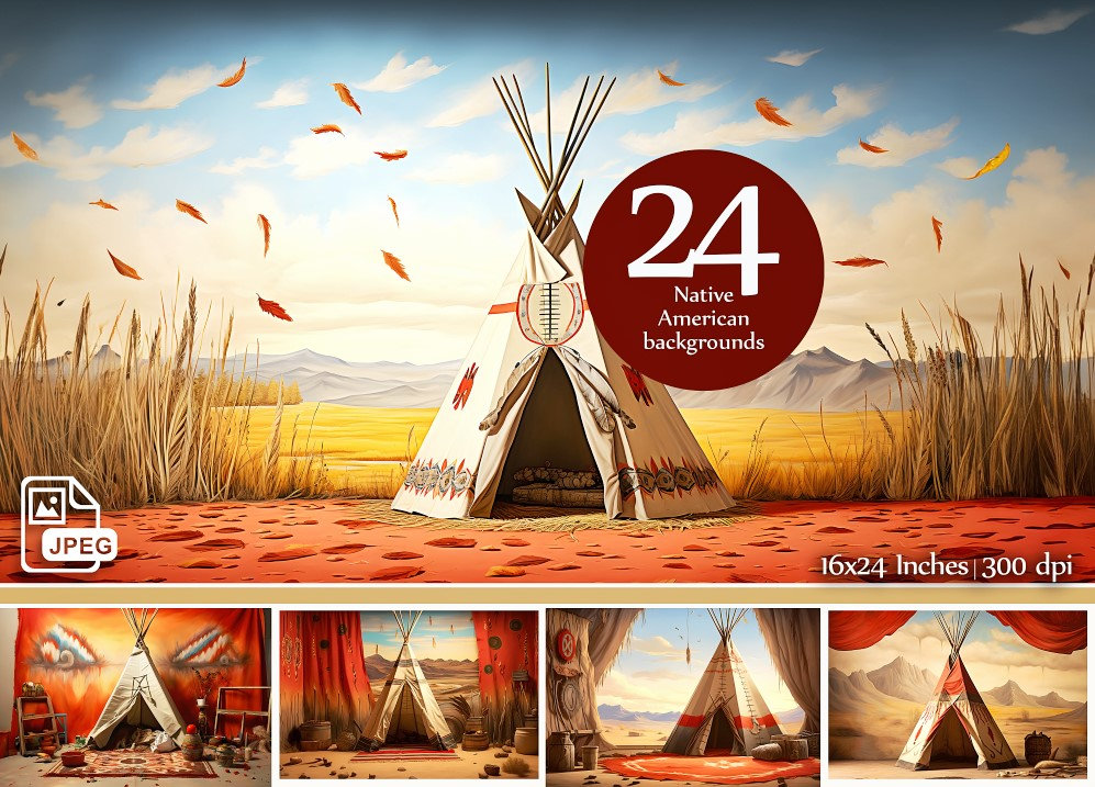 24 Native Indian Tent Digital Backdrop, Tipi, Native American Conical ...