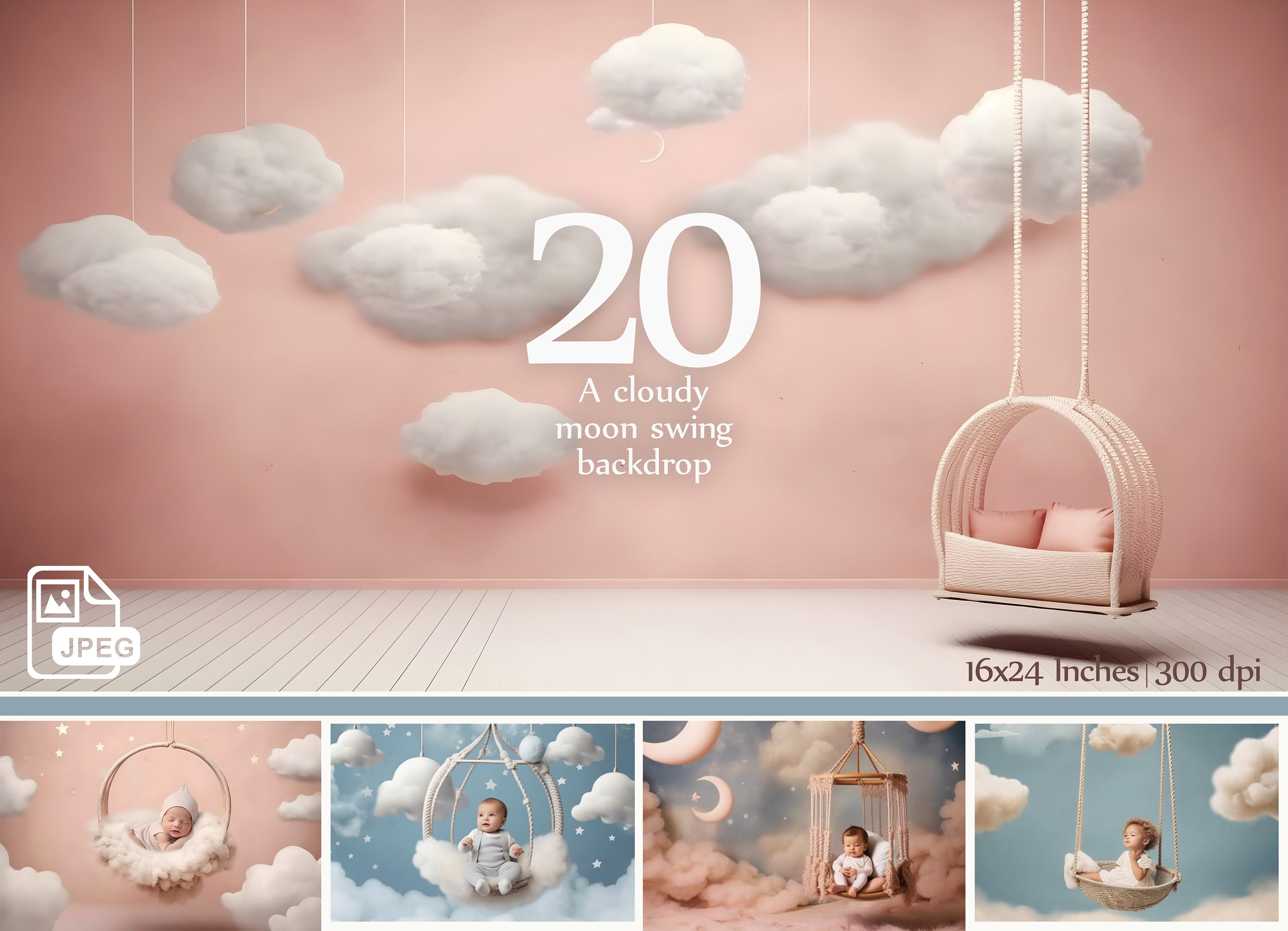 20 Cloudy Moon Swing Backdrops , Boho Style, Fine Art Textures, Digital ...