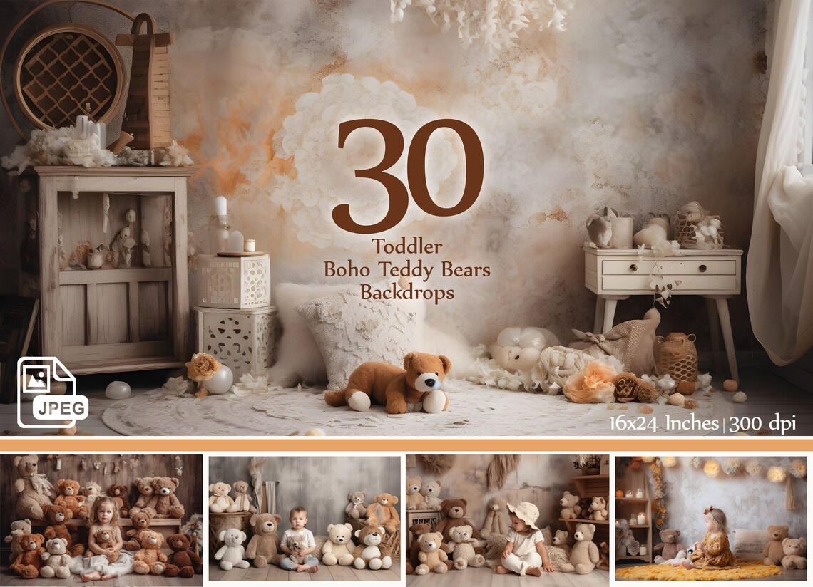 30 Digital Toddler Backdrops Boho Teddy Bears Collection - Etsy