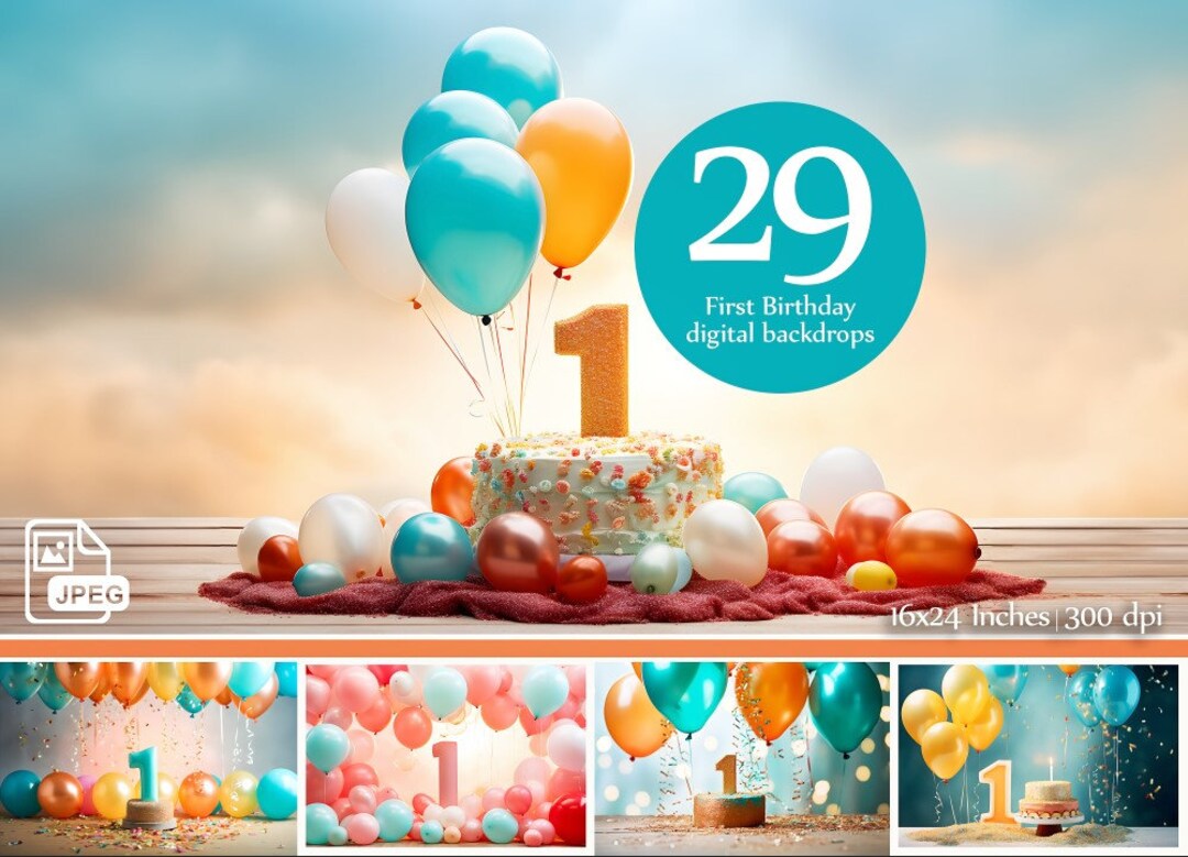 29 First Birthday Digital Backdrop, One Year Digital Background, 12 ...