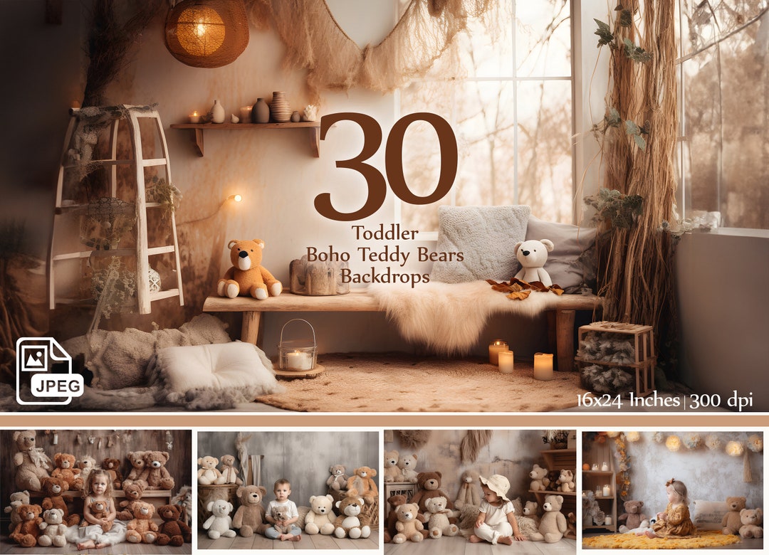 30 Digital Toddler Backdrops Boho Teddy Bears Collection, Digital ...