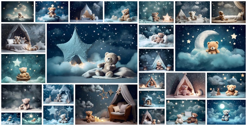 Dreamy Night Sleepy Teddy Bear, Boho Teddy Bears Collection, Digital ...