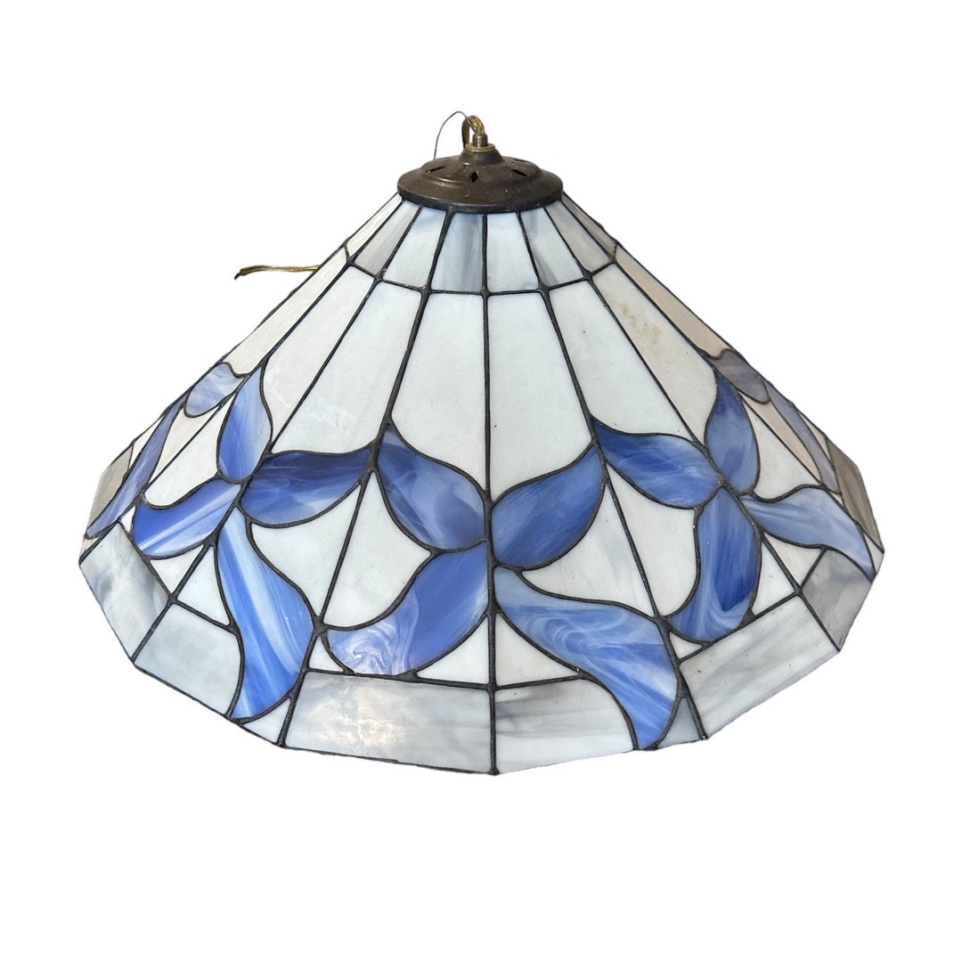 Antique 22 Inch Dale Tiffany Blue & White Slag Stained Glass Hanging ...