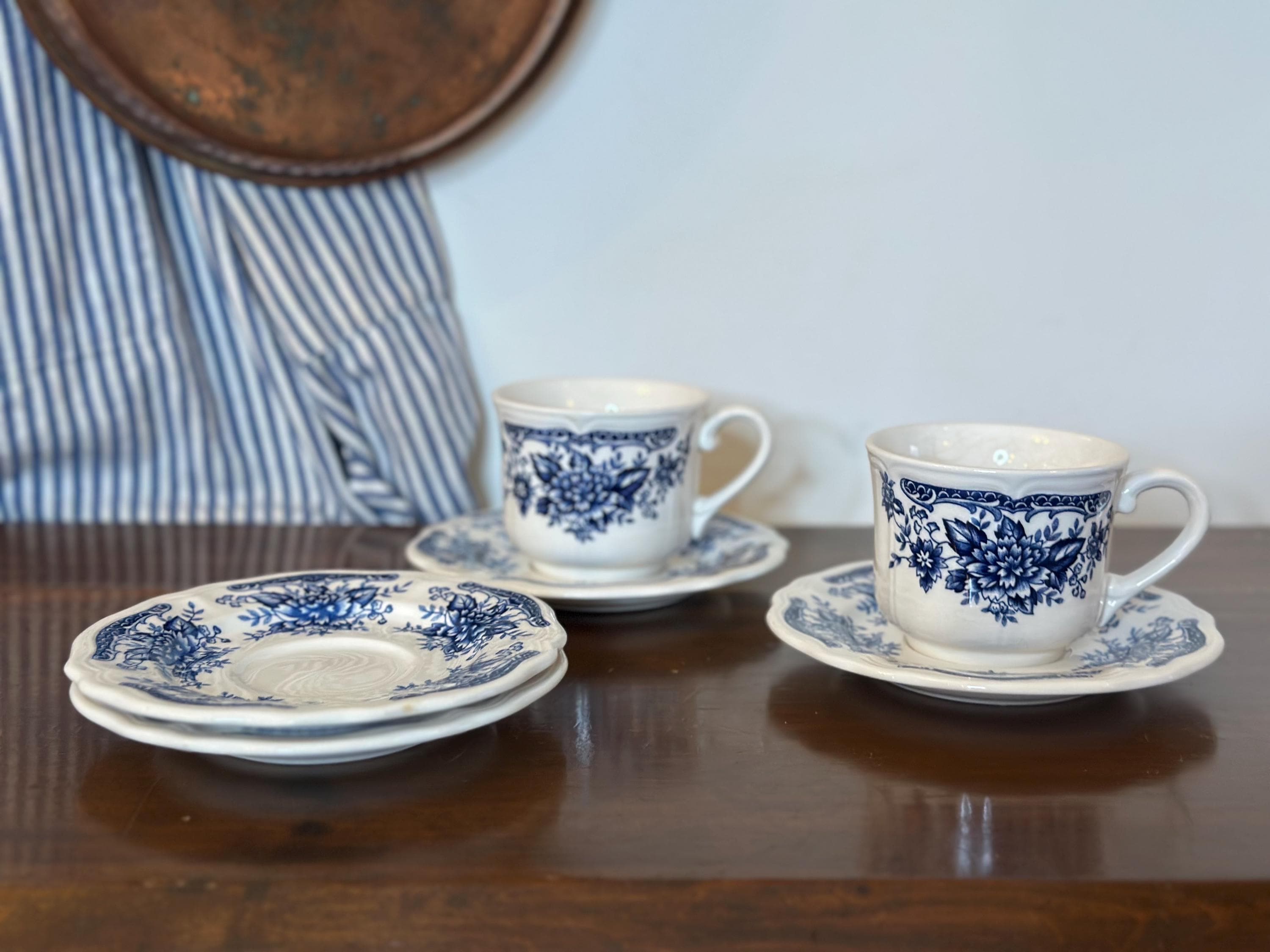 Vintage Blue Carnation Ironstone Teacup Mugs & Saucers Sets, 2 Mugs 4 ...