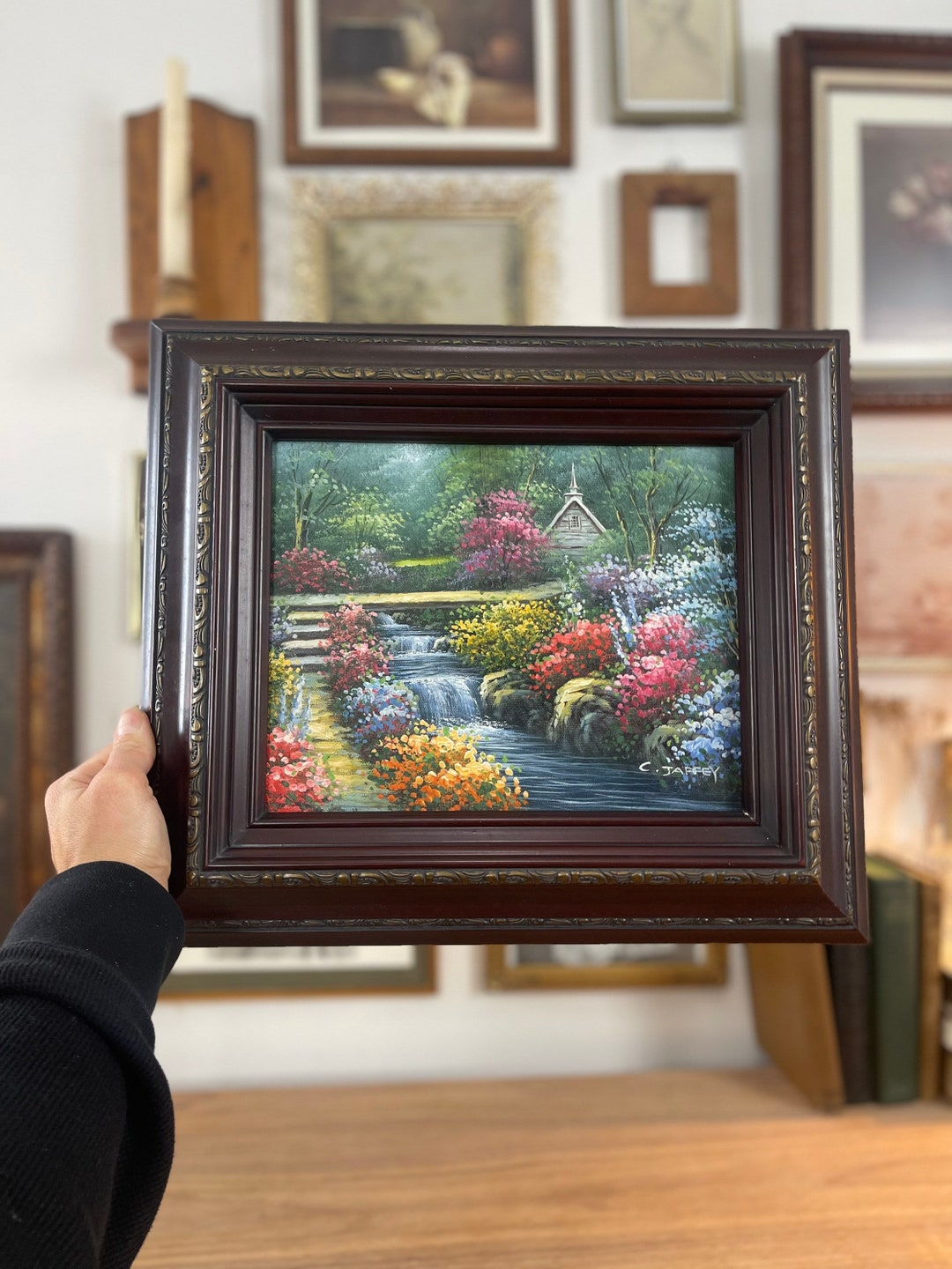 Rare C Jaffey Original Oil Painting Framed, Waterfall Flower Garden and ...