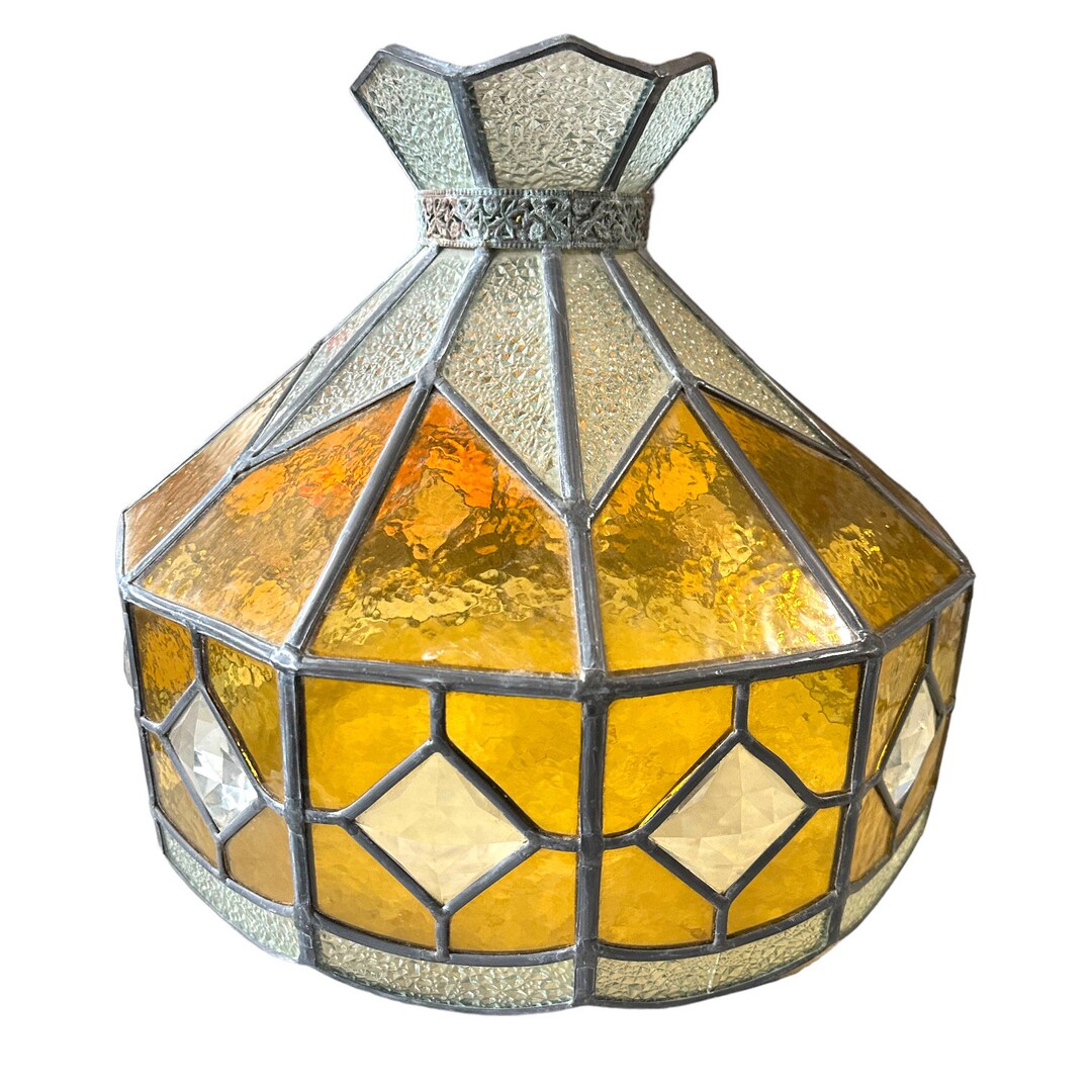Vintage Tiffany Style Gold Silver Stained Glass Hanging Slag Light ...