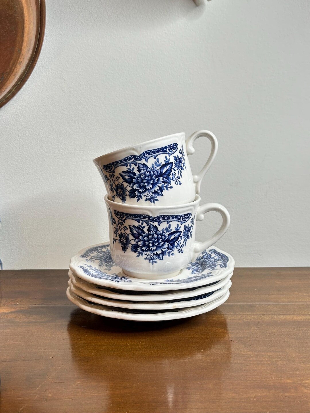 Vintage Blue Carnation Ironstone Teacup Mugs & Saucers Sets, 2 Mugs 4 ...