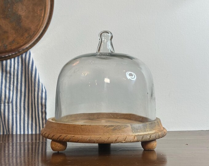 Wood Cheese Plate Glass Dome, Farmhouse MCM Wood Cheese Plate With ...