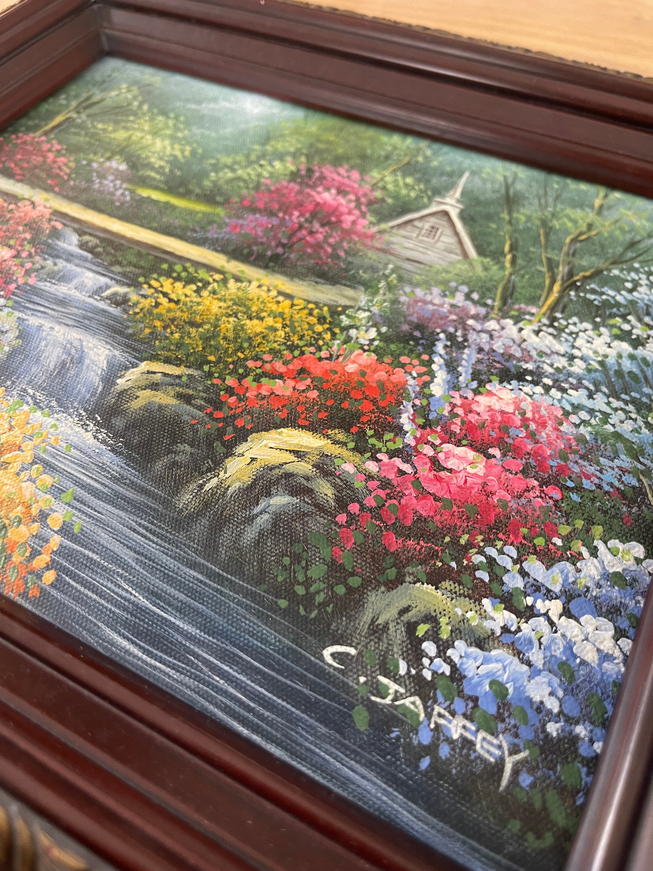 Rare C Jaffey Original Oil Painting Framed, Waterfall Flower Garden and ...