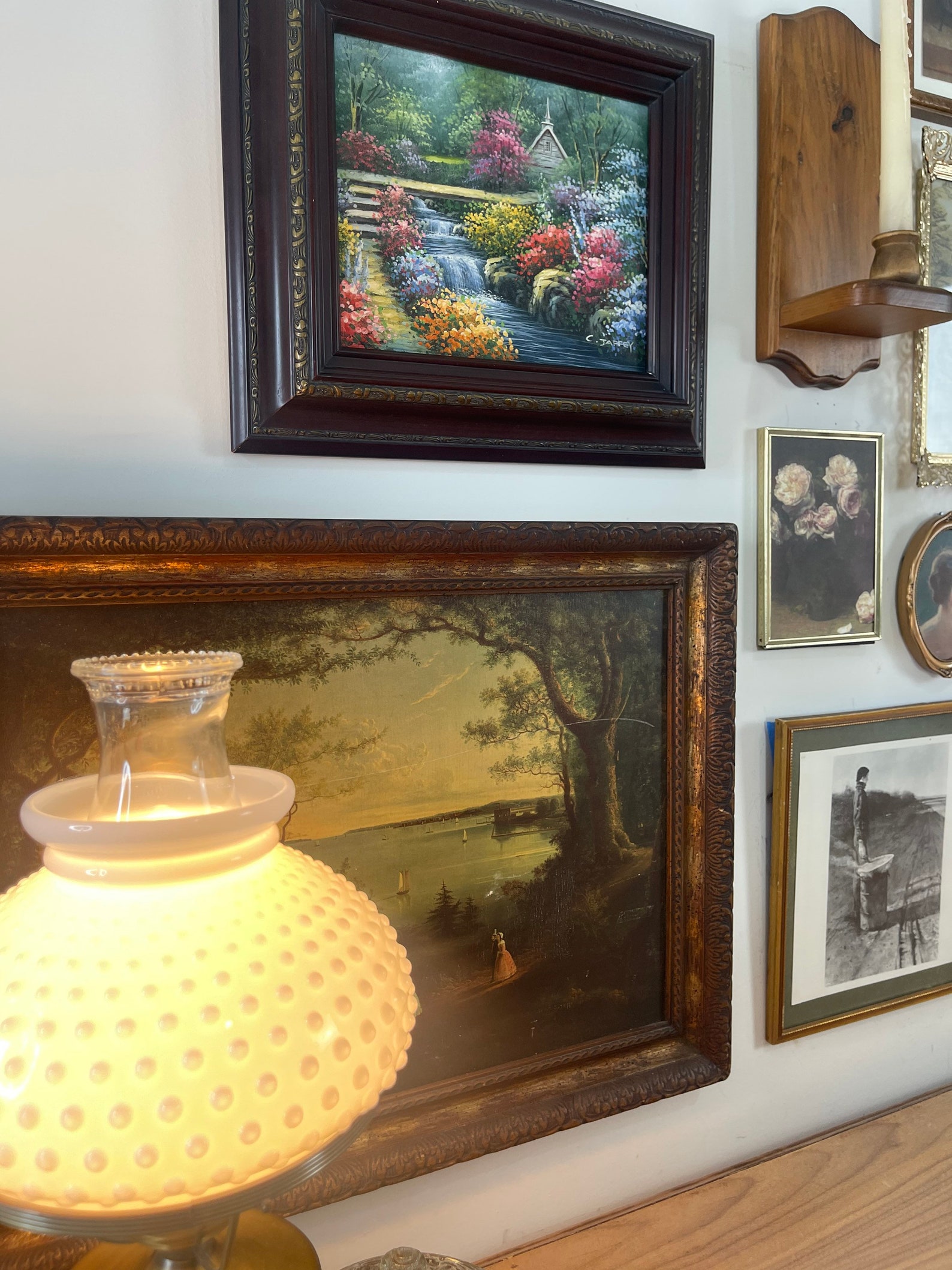 Rare C Jaffey Original Oil Painting Framed, Waterfall Flower Garden and ...