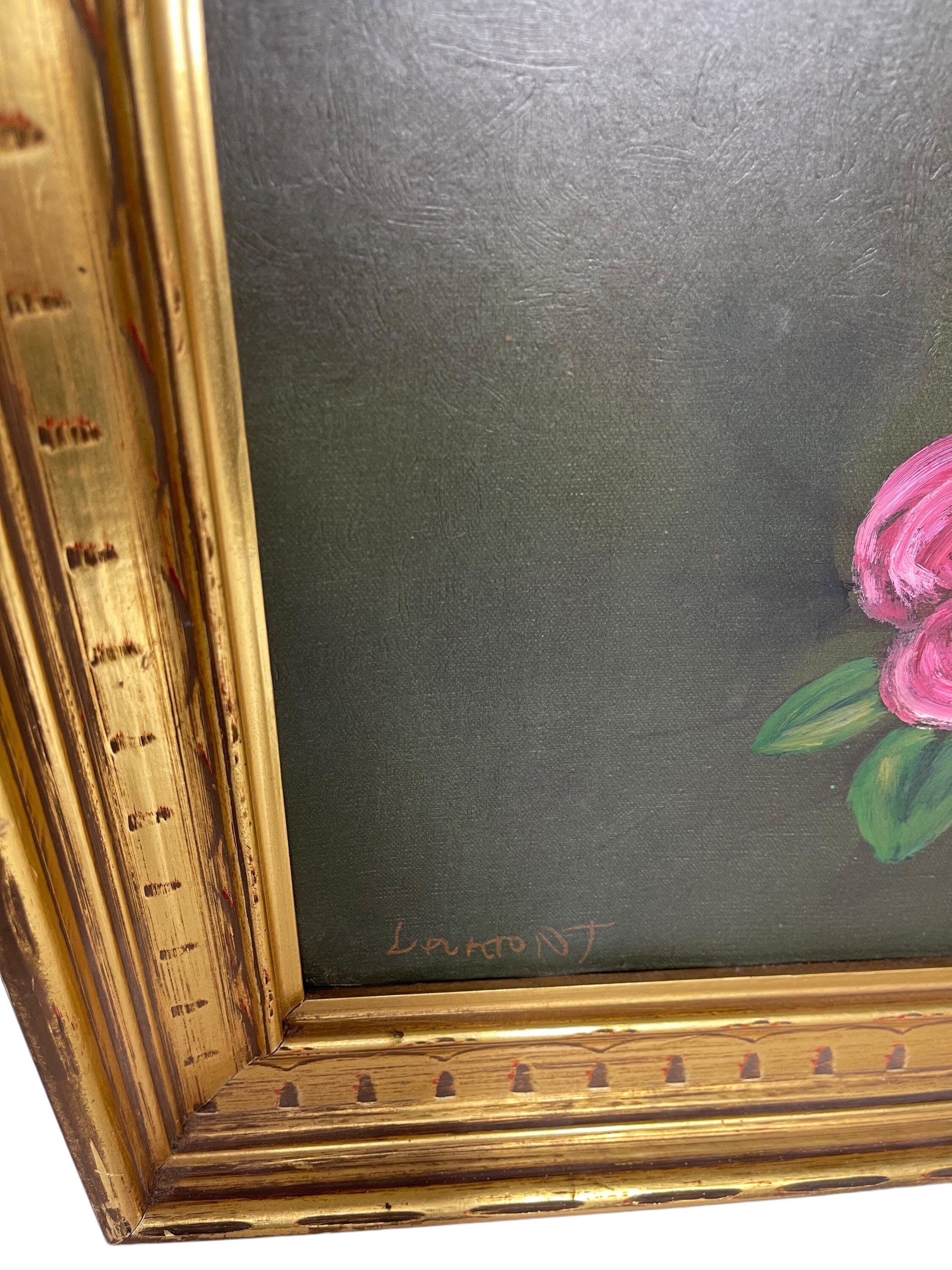 Vintage Large Floral Oil Painting Pink Roses Signed by Lamont, Gold ...