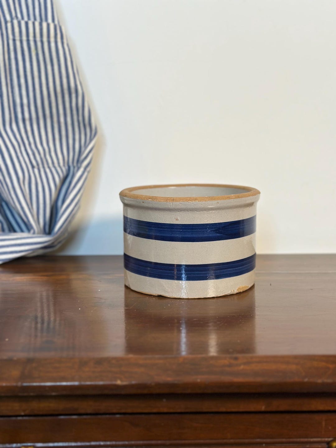 Antique Blue Stripe Stoneware Crock, Console Table Bowl, Utensil Holder ...