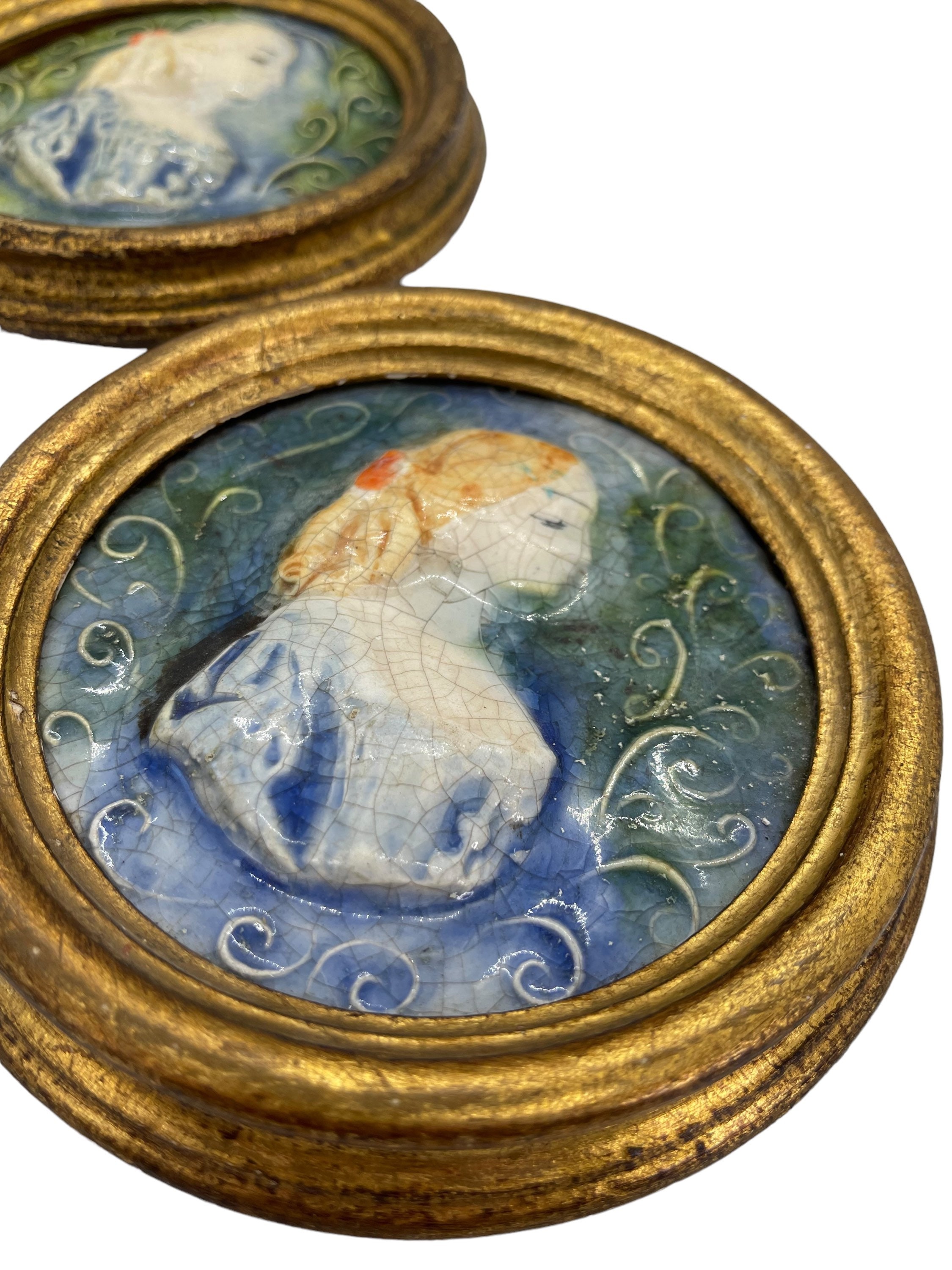 VTG 2 Small Gold Round Hand Painted Ceramic Frames Porcelain Faces ...