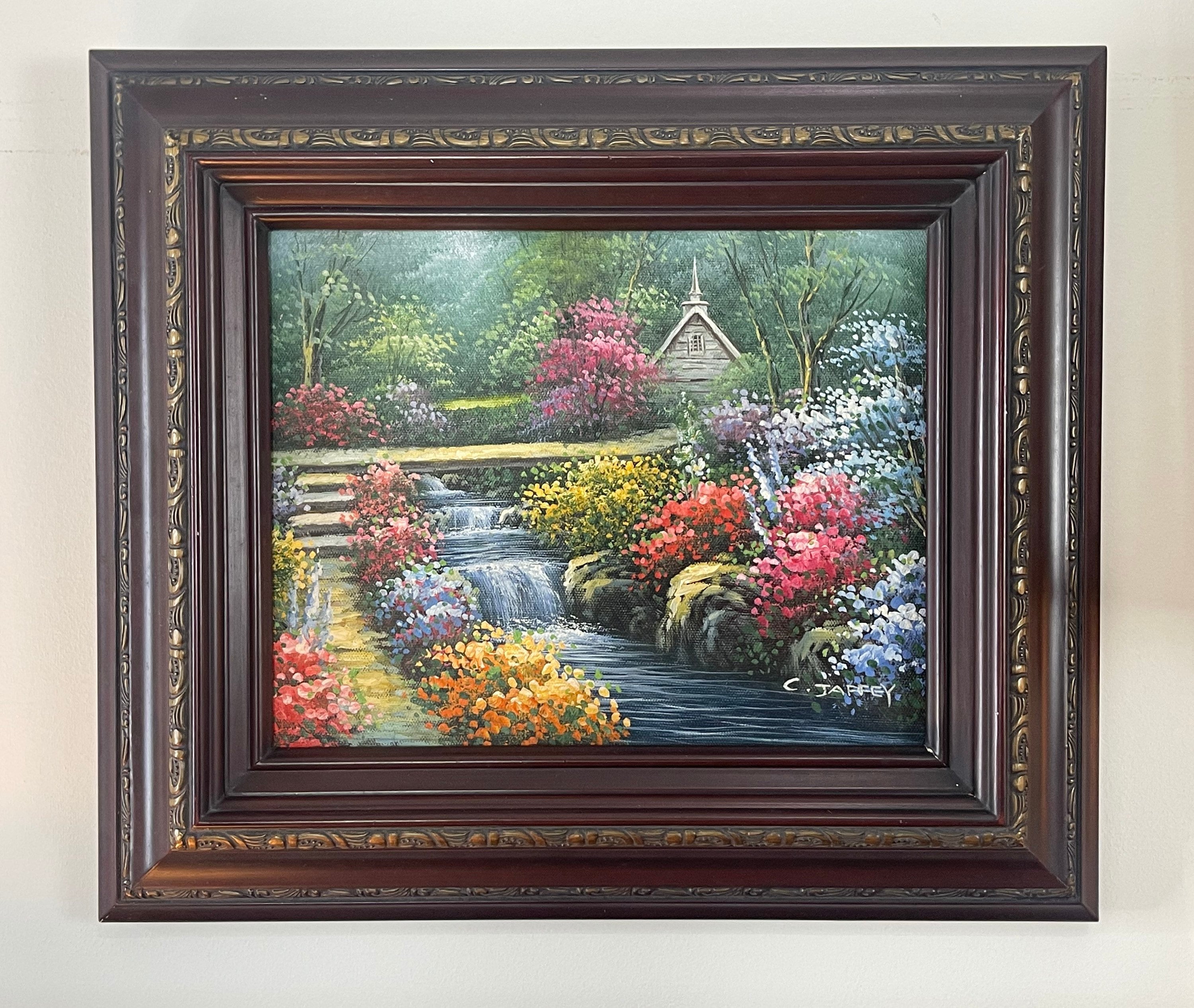 Rare C Jaffey Original Oil Painting Framed, Waterfall Flower Garden and ...