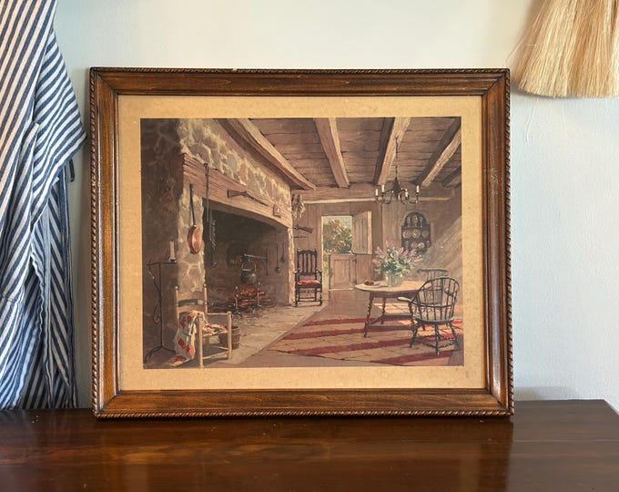 Vintage Wood Framed Colonial Home Print, Vintage Colonial Wall Decor ...