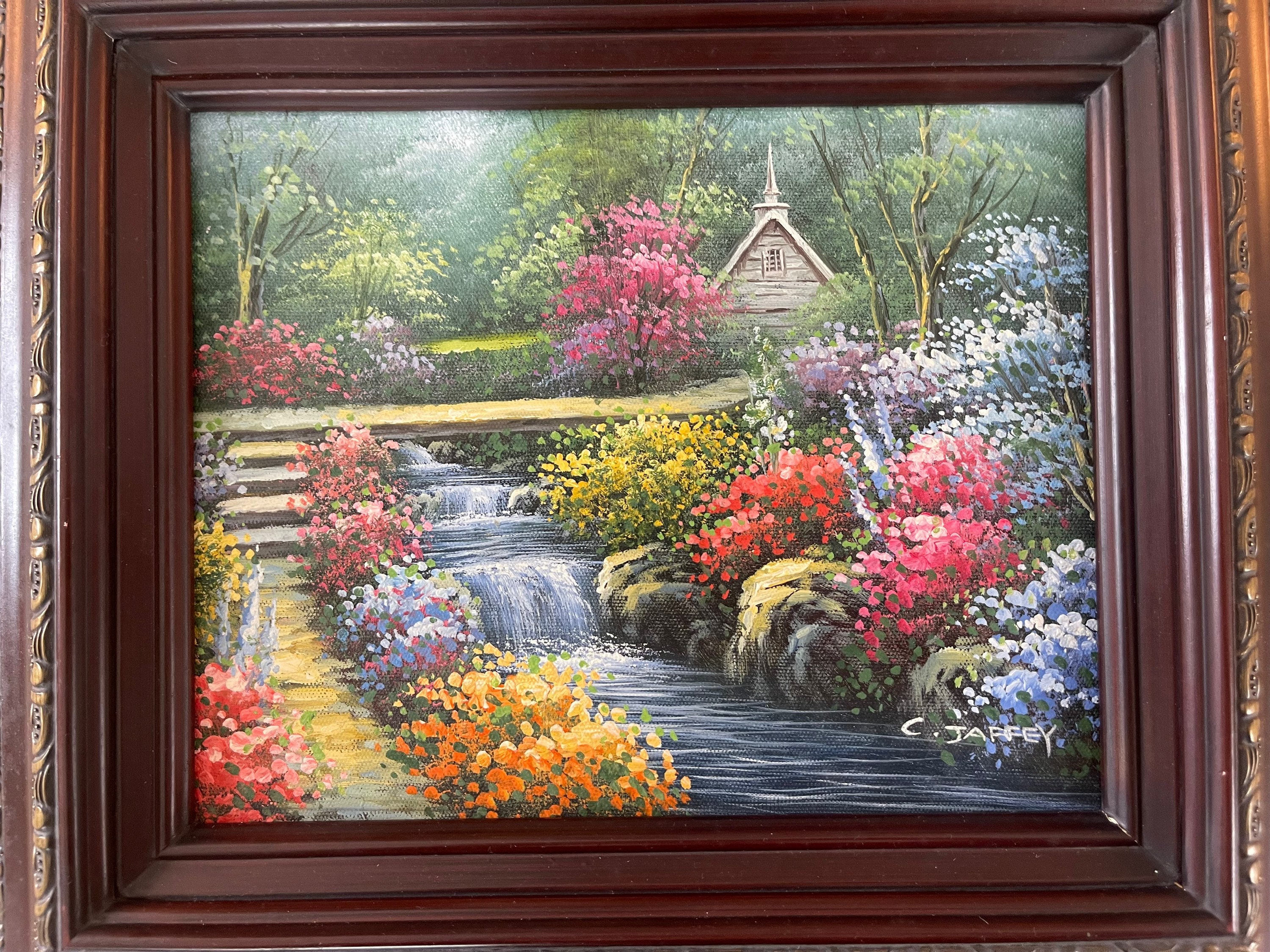 Rare C Jaffey Original Oil Painting Framed, Waterfall Flower Garden and ...
