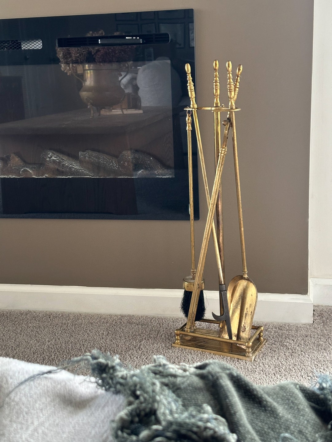 MCM Brass Fireplace Tool Set and Stand, Vintage Gold Brass Fireplace ...