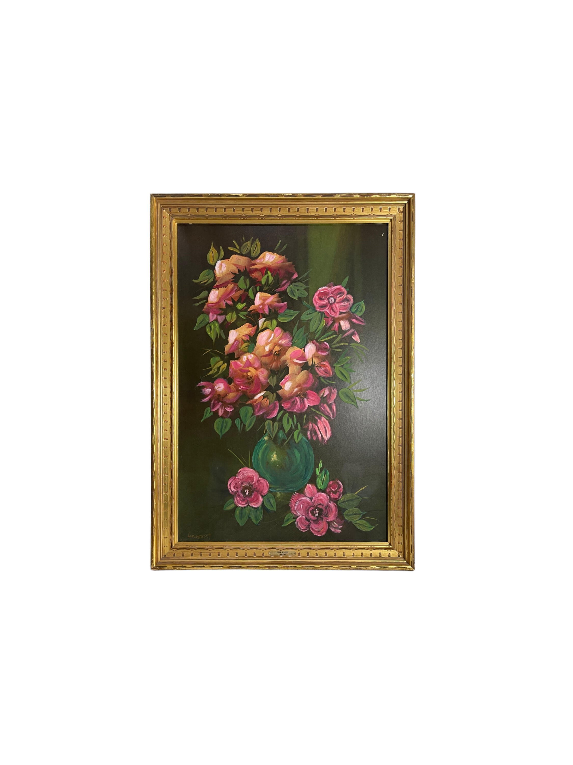 Vintage Large Floral Oil Painting Pink Roses Signed by Lamont, Gold ...