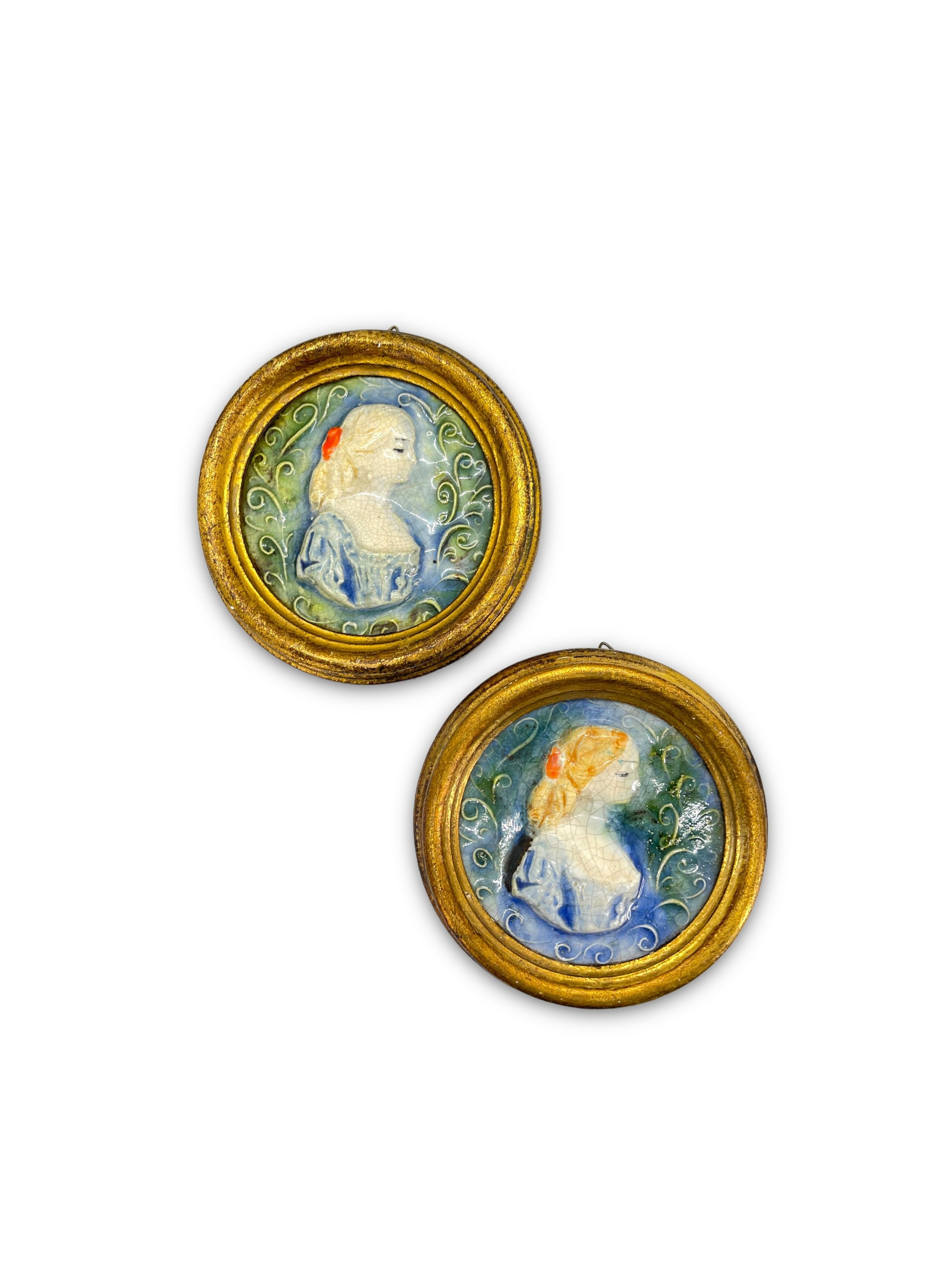 VTG 2 Small Gold Round Hand Painted Ceramic Frames Porcelain Faces ...