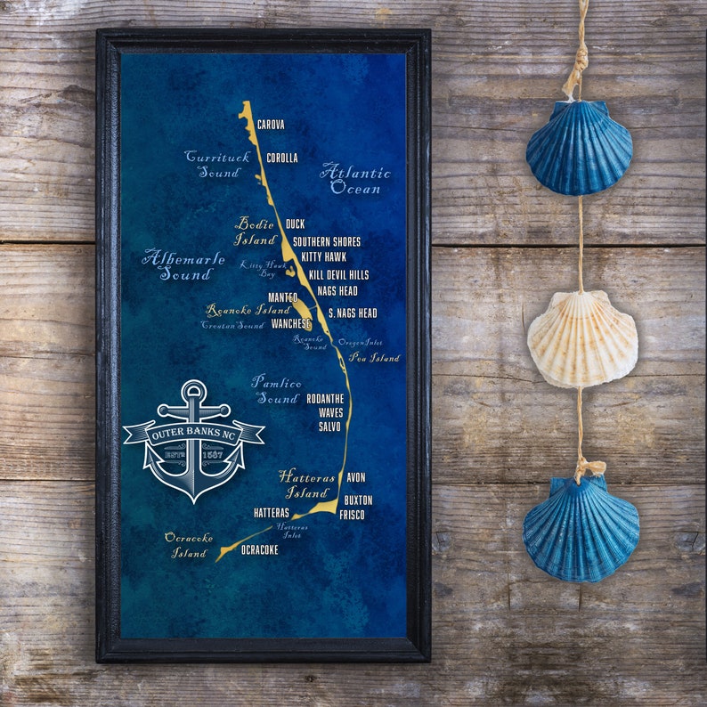 Nautical Illustrated Outer Banks NC Map - Premium Vertical Art Poster ...