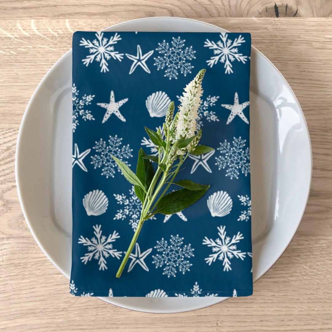 Winter Holiday Seaside Cloth Napkins Seashells Starfish & Snowflakes ...
