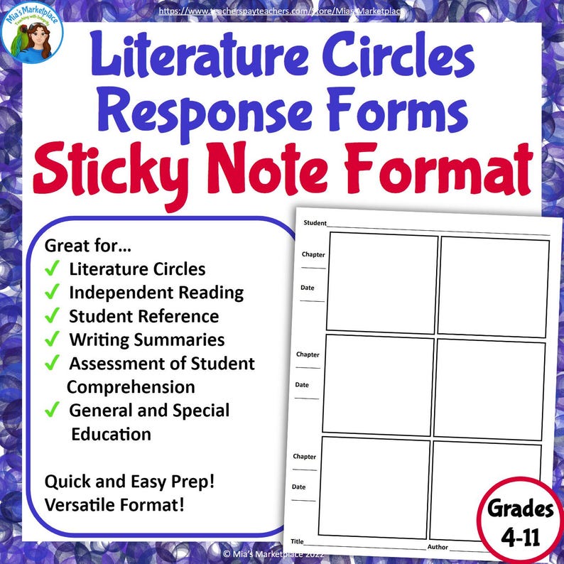 Sticky Note Template for Reading Response: Literature Circles & Book ...