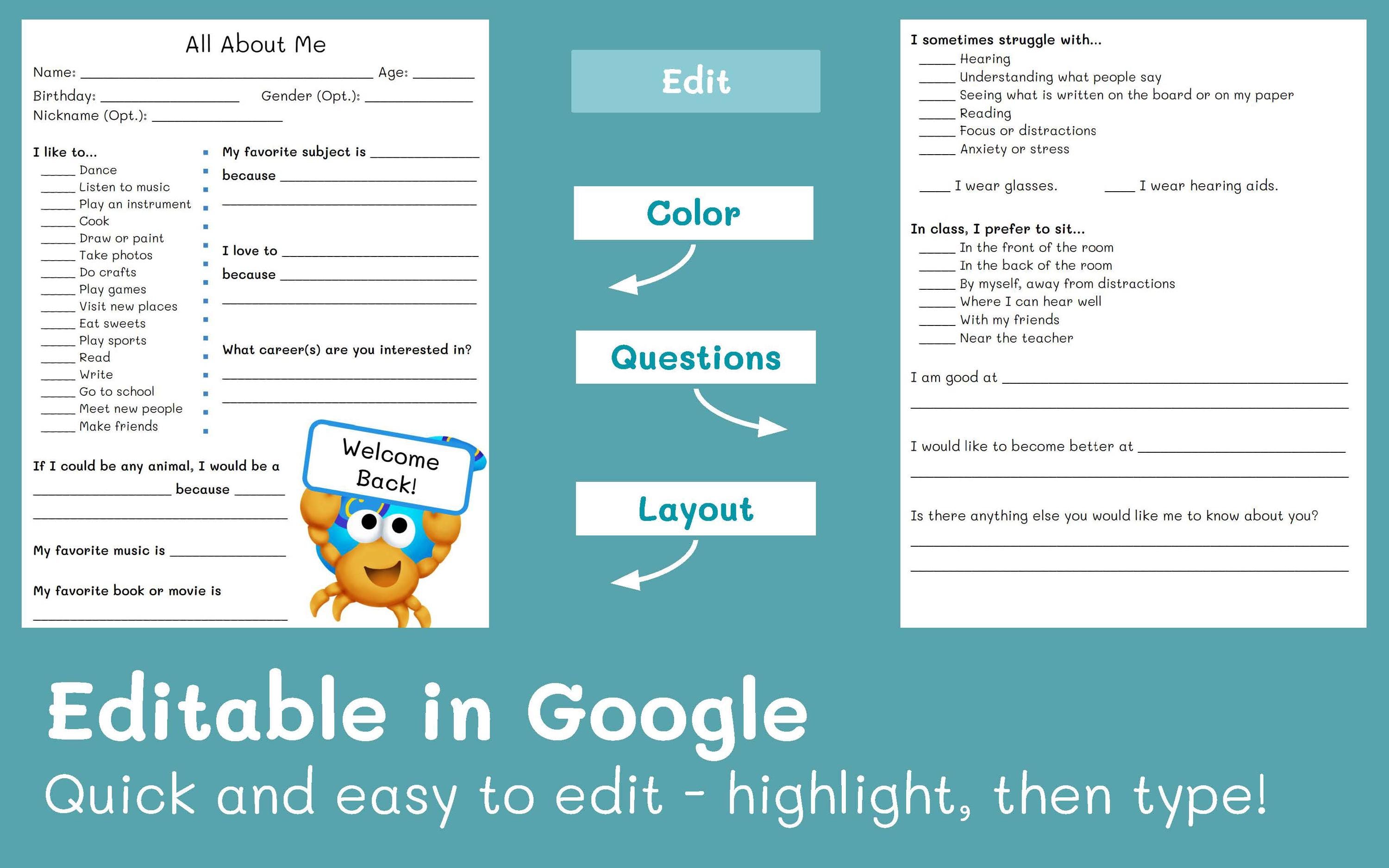 Digital & Printable All About Me Student Survey for Grades 4-5 for Back ...