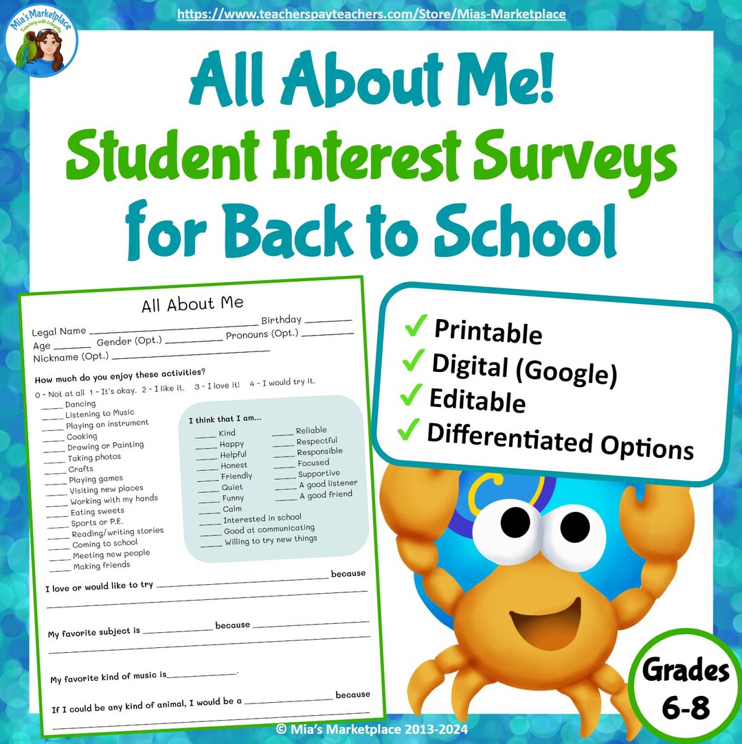 Digital & Printable All About Me Student Survey for Grades 6-8 for Back ...