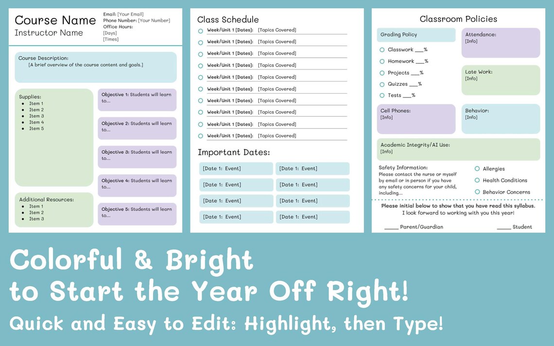 Editable Teacher Syllabus Template for Elementary, Middle, and High ...
