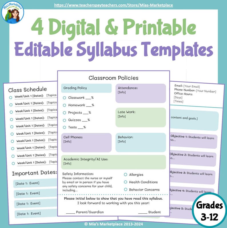Editable Teacher Syllabus Template for Elementary, Middle, and High ...