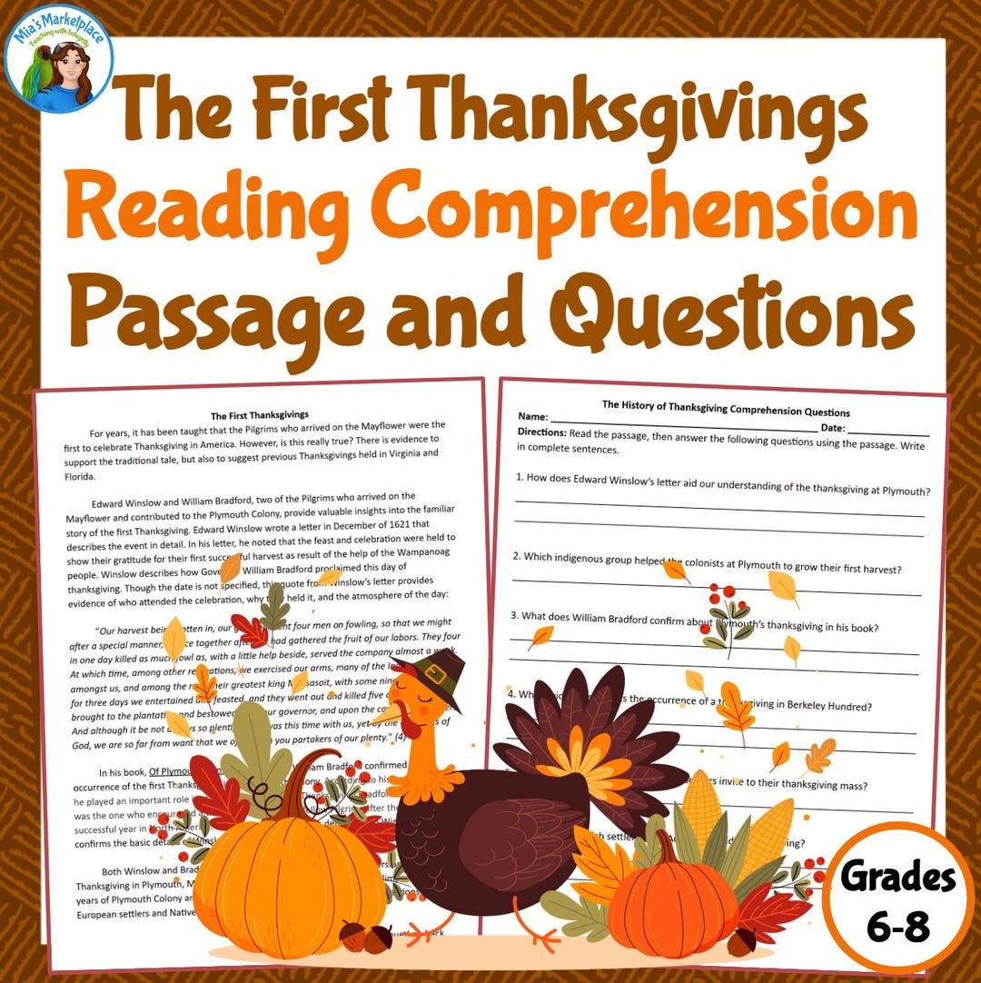 History of the First Thanksgiving Reading Comprehension Passages ...