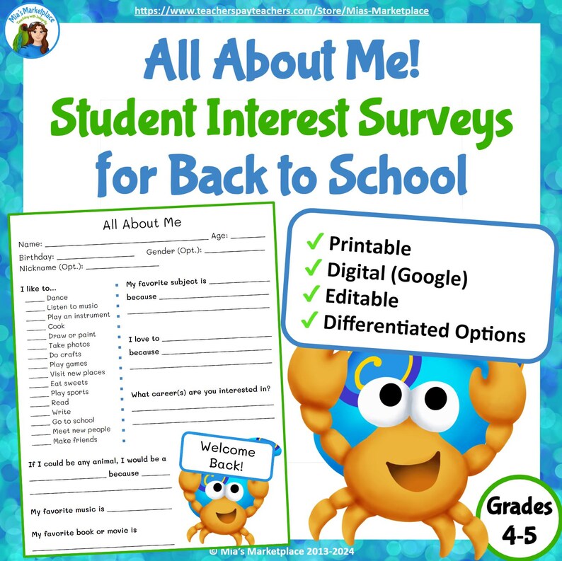 Digital & Printable All About Me Student Survey for Grades 4-5 for Back ...