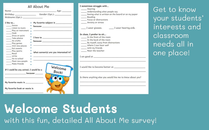 Digital & Printable All About Me Student Survey for Grades 4-5 for Back ...