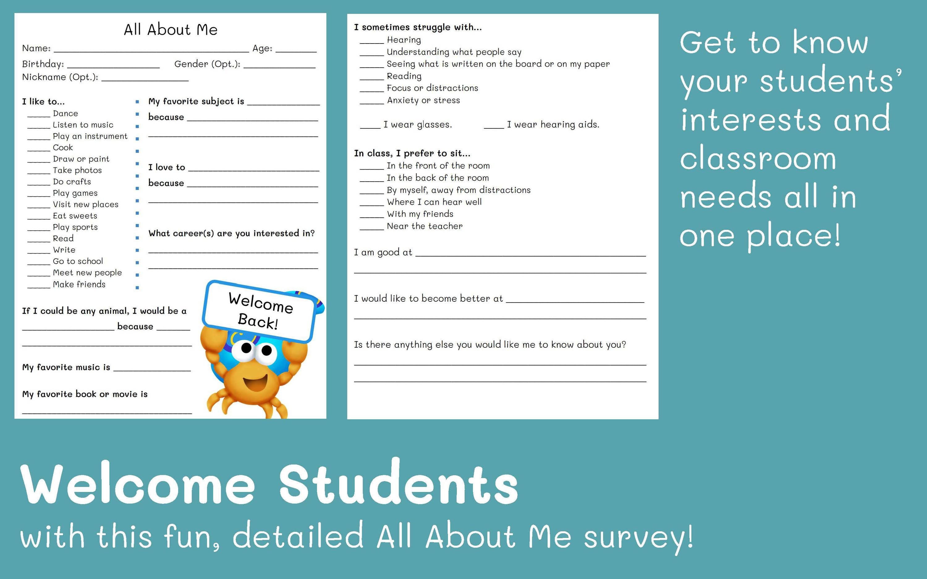 Digital & Printable All About Me Student Survey for Grades 4-5 for Back ...